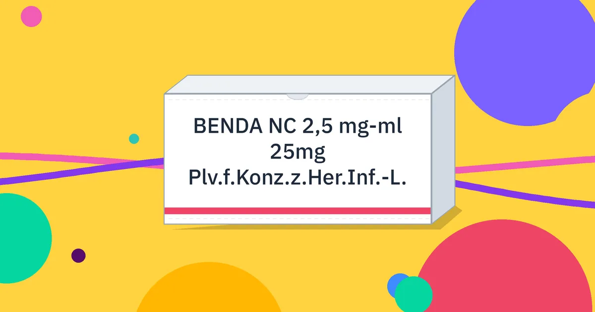 Symbolbild: Packung mit der Aufschrift BENDA NC 2,5 mg-ml 25mg Plv.f.Konz.z.Her.Inf.-L. (PZN 14210801) – Verfügbarkeit und Bezug in Apotheken in Frankfurt am Main