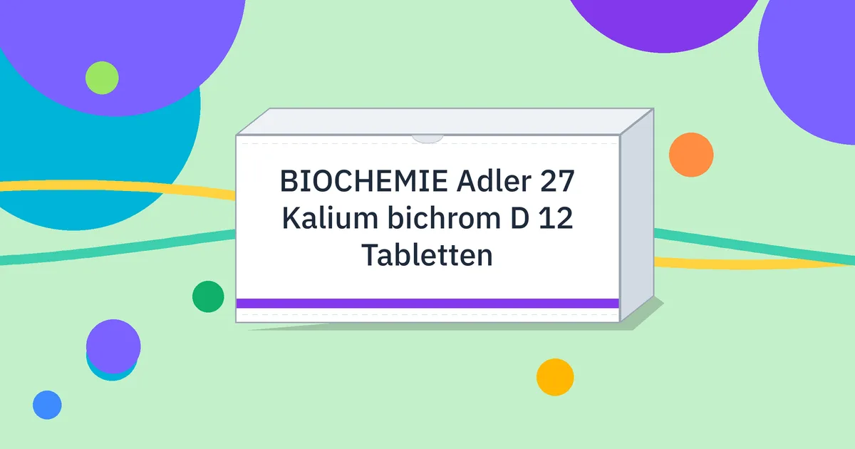 Symbolbild: Packung mit der Aufschrift BIOCHEMIE Adler 27 Kalium bichrom D 12 Tabletten (PZN 05455219) – Verfügbarkeit und Bezug in Apotheken in Frankfurt am Main