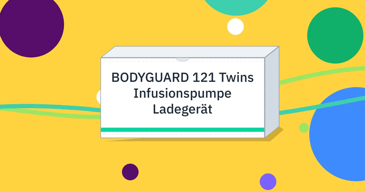 Symbolbild: Packung mit der Aufschrift BODYGUARD 121 Twins Infusionspumpe Ladegerät (PZN 09296404) – Verfügbarkeit und Bezug in Apotheken in Frankfurt am Main