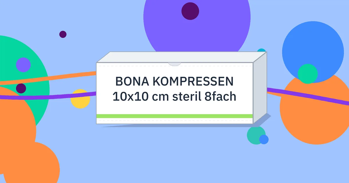 Symbolbild: Packung mit der Aufschrift BONA KOMPRESSEN 10x10 cm steril 8fach (PZN 02404523) – Verfügbarkeit und Bezug in Apotheken in Frankfurt am Main
