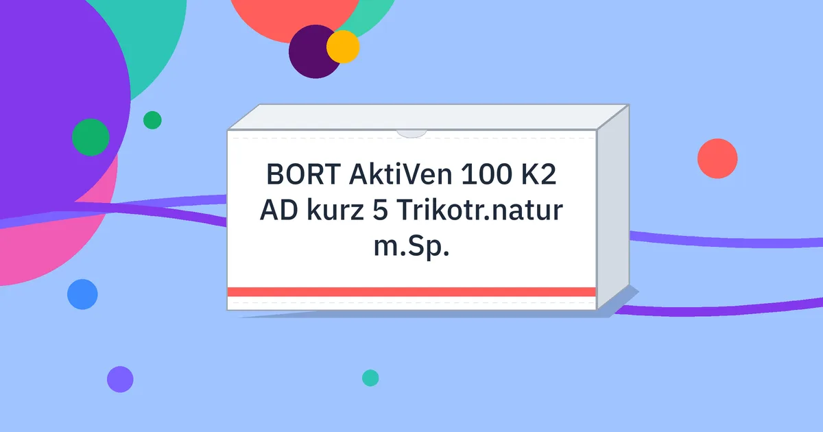 Symbolbild: Packung mit der Aufschrift BORT AktiVen 100 K2 AD kurz 5 Trikotr.natur m.Sp. (PZN 13726589) – Verfügbarkeit und Bezug in Apotheken in Frankfurt am Main