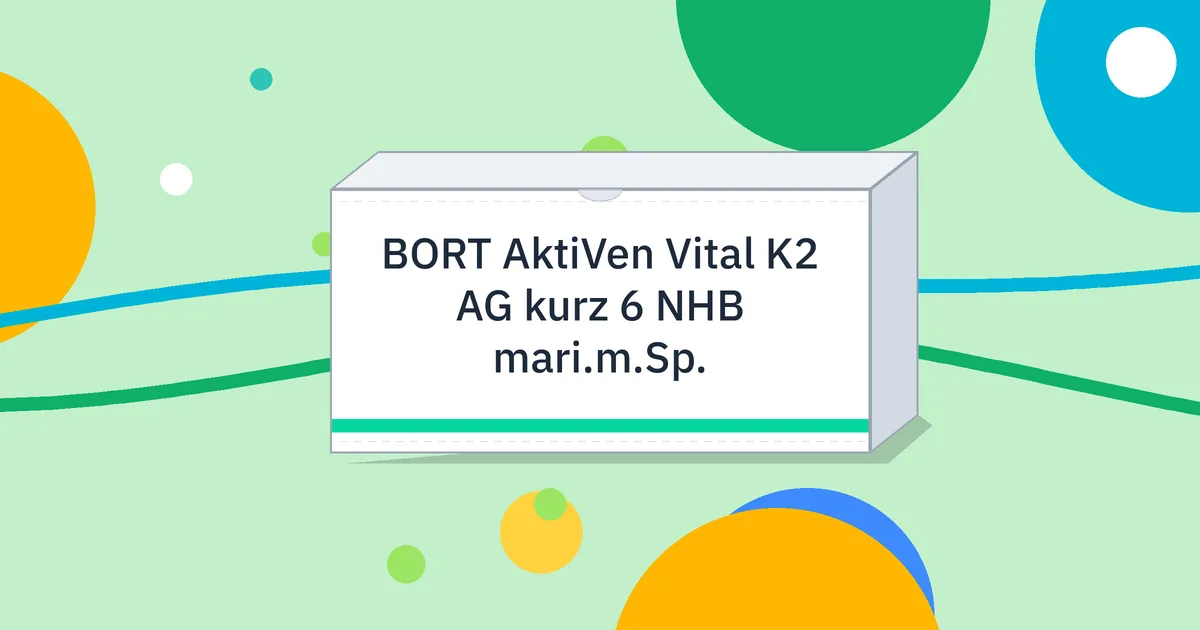 Symbolbild: Packung mit der Aufschrift BORT AktiVen Vital K2 AG kurz 6 NHB mari.m.Sp. (PZN 13733224) – Verfügbarkeit und Bezug in Apotheken in Frankfurt am Main