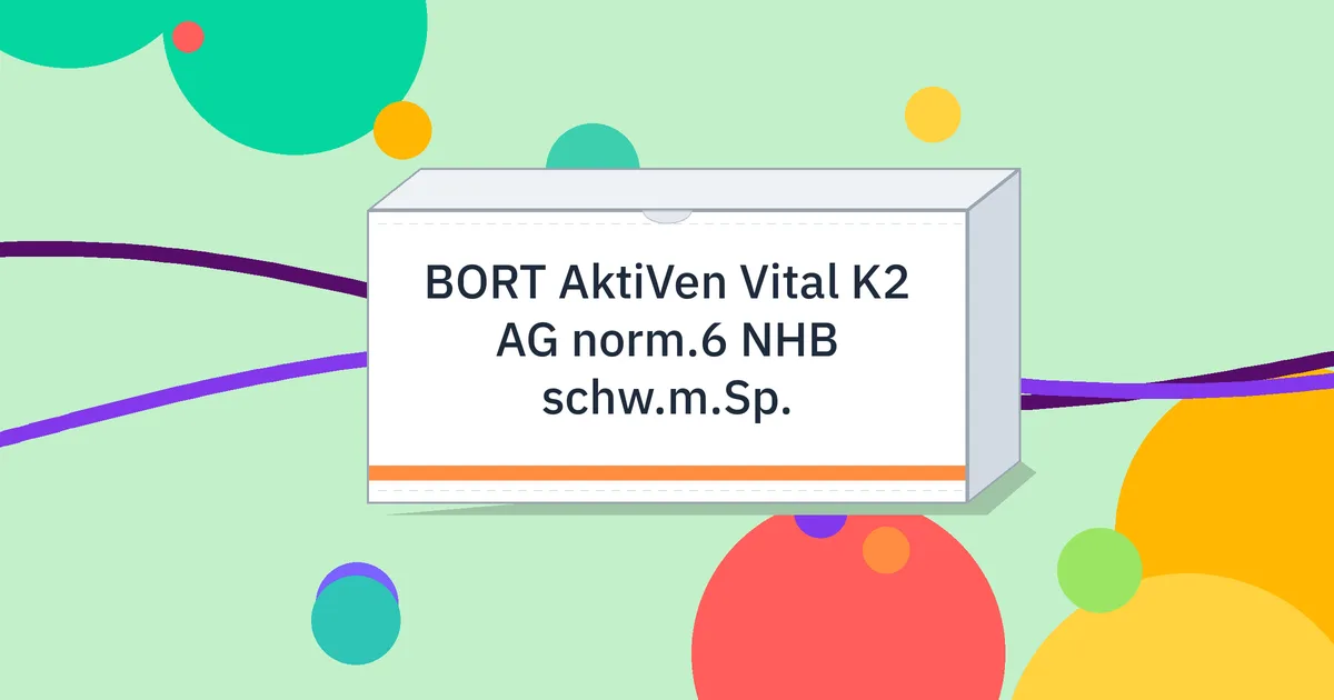 Symbolbild: Packung mit der Aufschrift BORT AktiVen Vital K2 AG norm.6 NHB schw.m.Sp. (PZN 12385028) – Verfügbarkeit und Bezug in Apotheken in Frankfurt am Main