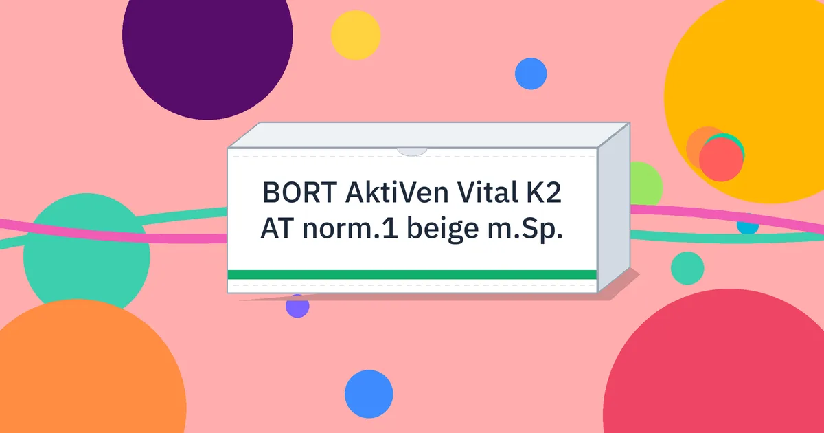 Symbolbild: Packung mit der Aufschrift BORT AktiVen Vital K2 AT norm.1 beige m.Sp. (PZN 13739132) – Verfügbarkeit und Bezug in Apotheken in Frankfurt am Main
