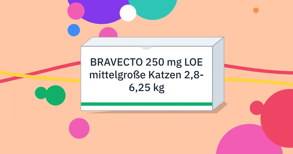 Symbolbild: Packung mit der Aufschrift BRAVECTO 250 mg LOE mittelgroße Katzen 2,8-6,25 kg (PZN 16401362) – Verfügbarkeit und Bezug in Apotheken in Frankfurt am Main