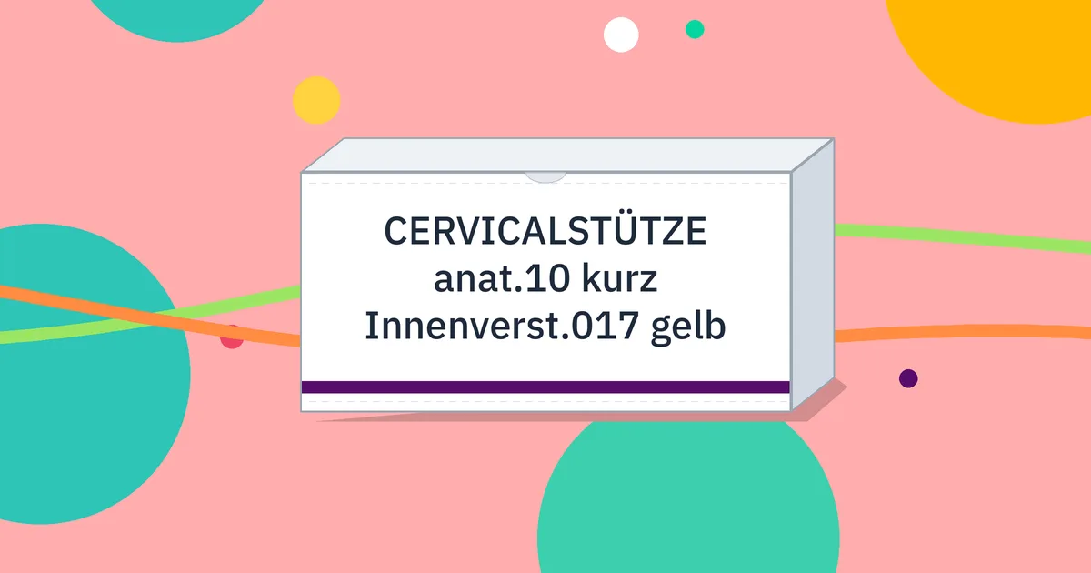 Symbolbild: Packung mit der Aufschrift CERVICALSTÜTZE anat.10 kurz Innenverst.017 gelb (PZN 08895077) – Verfügbarkeit und Bezug in Apotheken in Frankfurt am Main