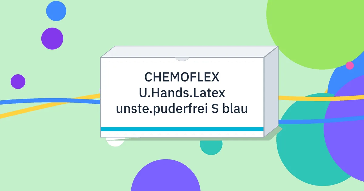Symbolbild: Packung mit der Aufschrift CHEMOFLEX U.Hands.Latex unste.puderfrei S blau (PZN 18601622) – Verfügbarkeit und Bezug in Apotheken in Frankfurt am Main