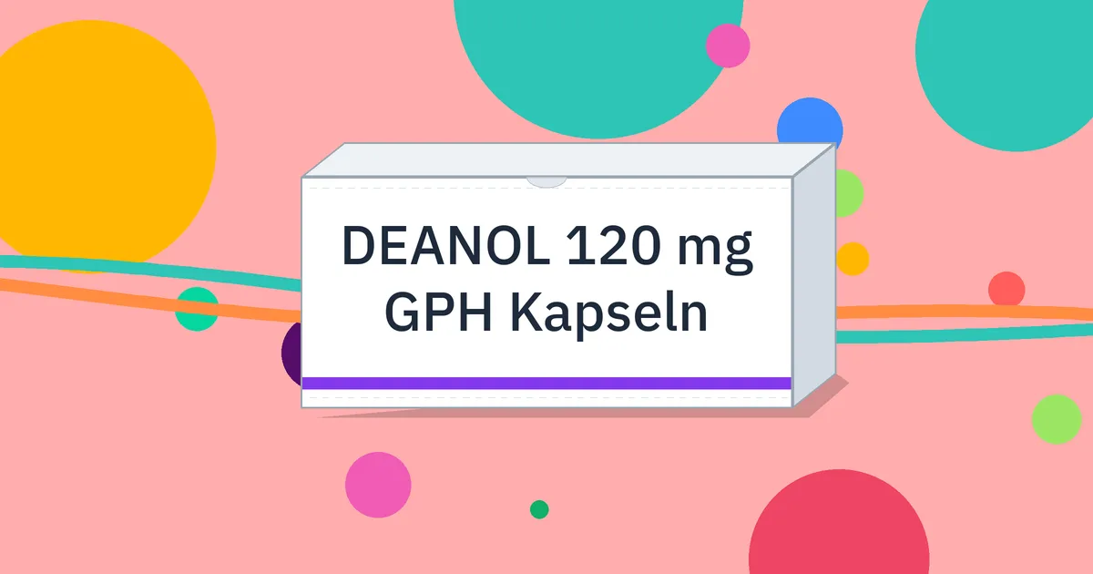 Symbolbild: Packung mit der Aufschrift DEANOL 120 mg GPH Kapseln (PZN 10977351) – Verfügbarkeit und Bezug in Apotheken in Frankfurt am Main