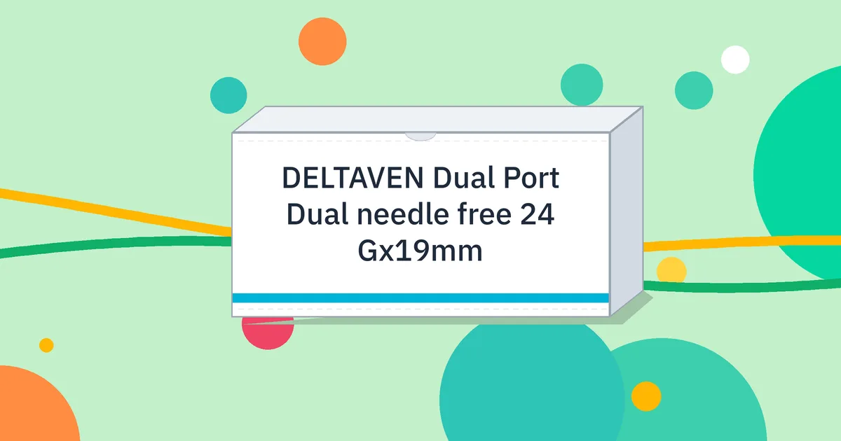 Symbolbild: Packung mit der Aufschrift DELTAVEN Dual Port Dual needle free 24 Gx19mm (PZN 18873763) – Verfügbarkeit und Bezug in Apotheken in Frankfurt am Main