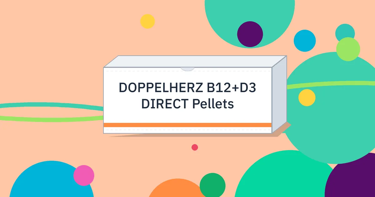 Symbolbild: Packung mit der Aufschrift DOPPELHERZ B12+D3 DIRECT Pellets (PZN 18302285) – Verfügbarkeit und Bezug in Apotheken in Frankfurt am Main