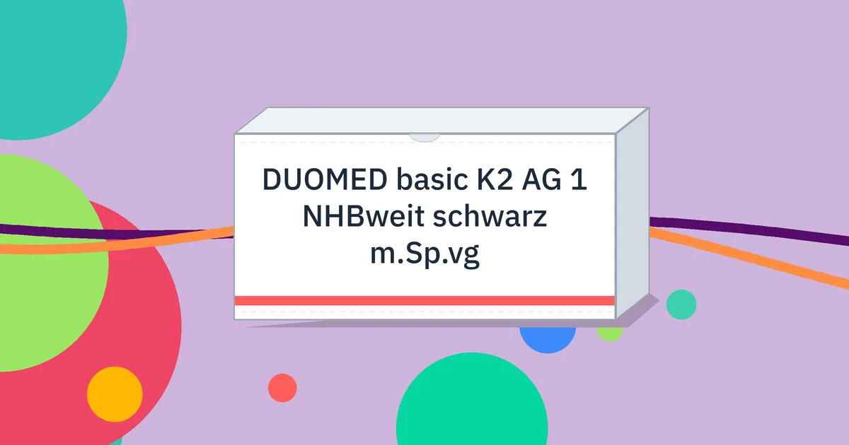 Symbolbild: Packung mit der Aufschrift DUOMED basic K2 AG 1 NHBweit schwarz m.Sp.vg (PZN 20909238) – Verfügbarkeit und Bezug in Apotheken in Frankfurt am Main