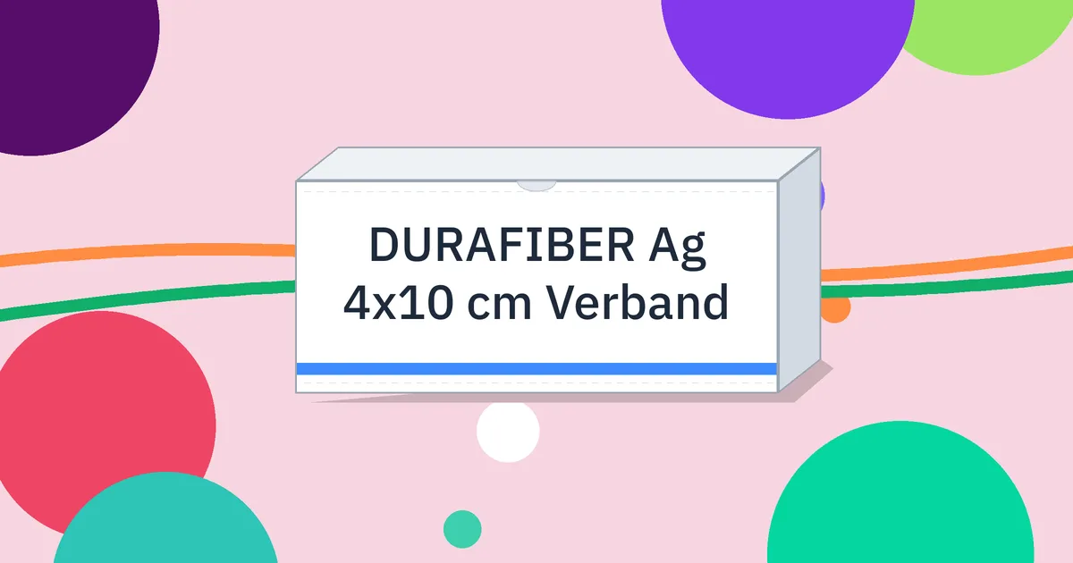 Symbolbild: Packung mit der Aufschrift DURAFIBER Ag 4x10 cm Verband (PZN 03426320) – Verfügbarkeit und Bezug in Apotheken in Frankfurt am Main