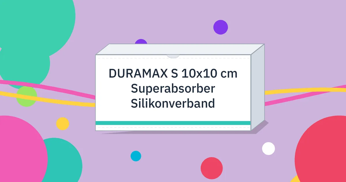 Symbolbild: Packung mit der Aufschrift DURAMAX S 10x10 cm Superabsorber Silikonverband (PZN 19753541) – Verfügbarkeit und Bezug in Apotheken in Frankfurt am Main