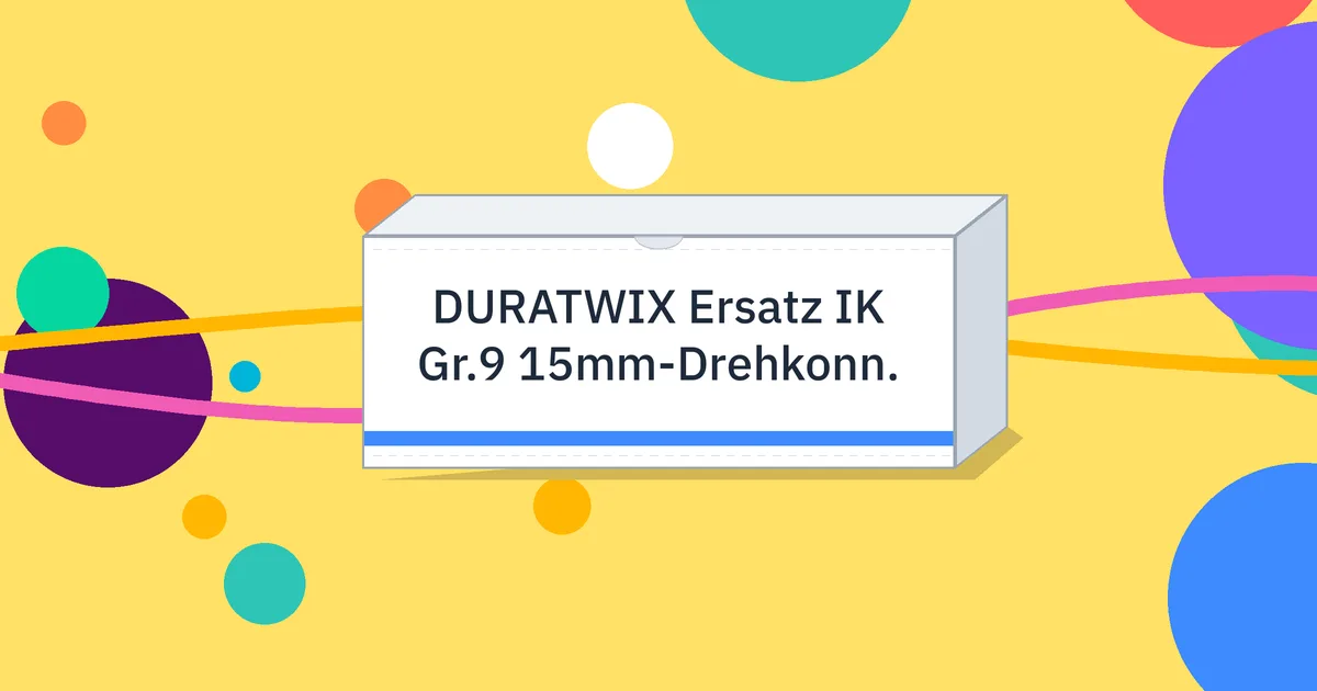 Symbolbild: Packung mit der Aufschrift DURATWIX Ersatz IK Gr.9 15mm-Drehkonn. (PZN 06976788) – Verfügbarkeit und Bezug in Apotheken in Frankfurt am Main