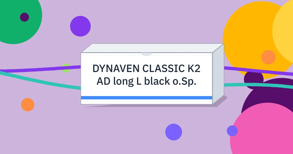 Symbolbild: Packung mit der Aufschrift DYNAVEN CLASSIC K2 AD long L black o.Sp. (PZN 18417120) – Verfügbarkeit und Bezug in Apotheken in Frankfurt am Main