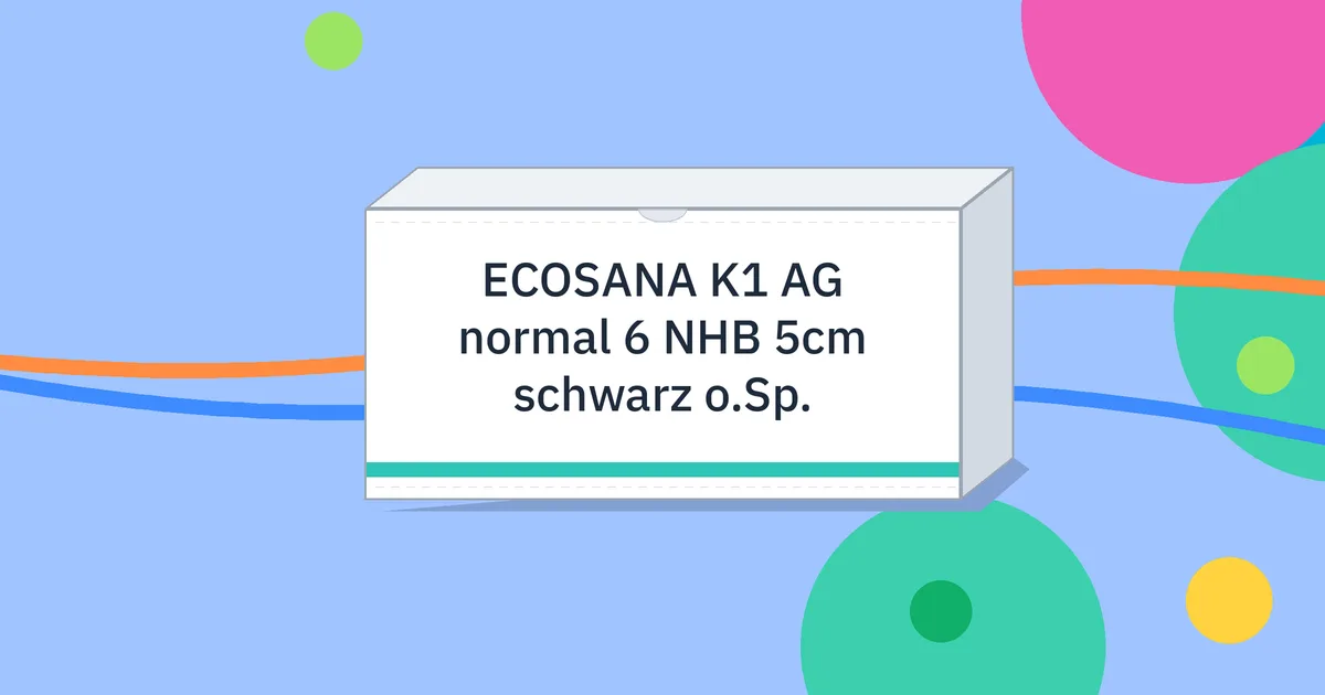 Symbolbild: Packung mit der Aufschrift ECOSANA K1 AG normal 6 NHB 5cm schwarz o.Sp. (PZN 04729525) – Verfügbarkeit und Bezug in Apotheken in Frankfurt am Main