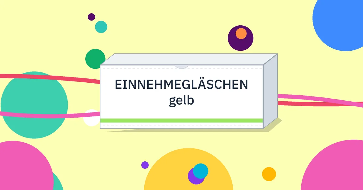 Symbolbild: Packung mit der Aufschrift EINNEHMEGLÄSCHEN gelb (PZN 20025404) – Verfügbarkeit und Bezug in Apotheken in Frankfurt am Main