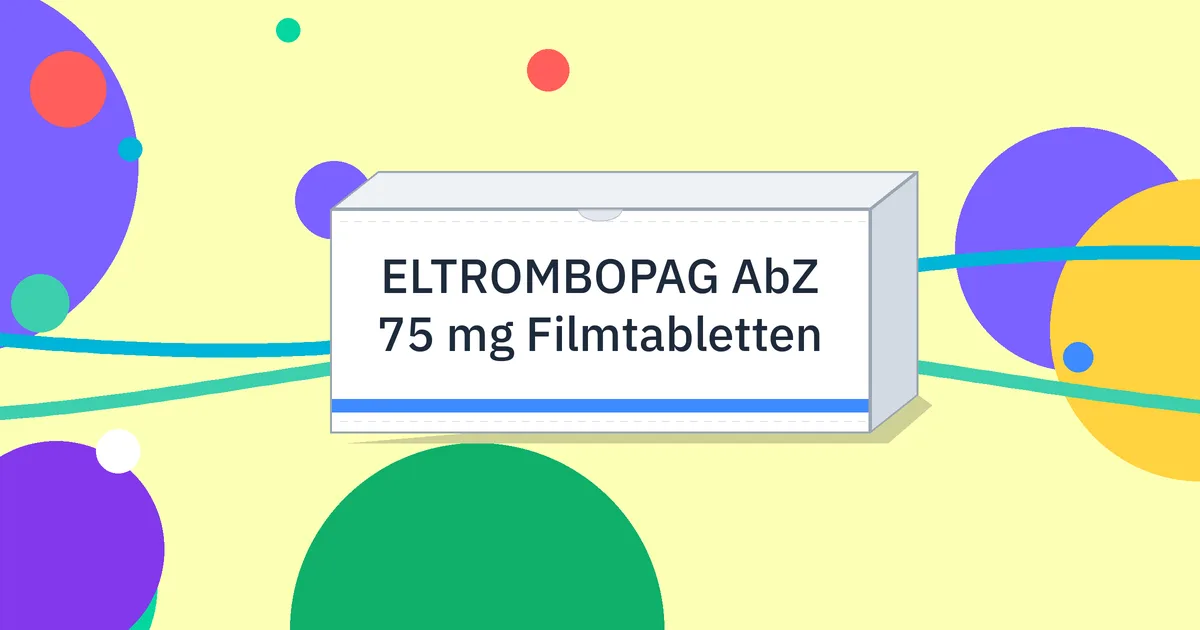 Symbolbild: Packung mit der Aufschrift ELTROMBOPAG AbZ 75 mg Filmtabletten (PZN 19806102) – Verfügbarkeit und Bezug in Apotheken in Frankfurt am Main