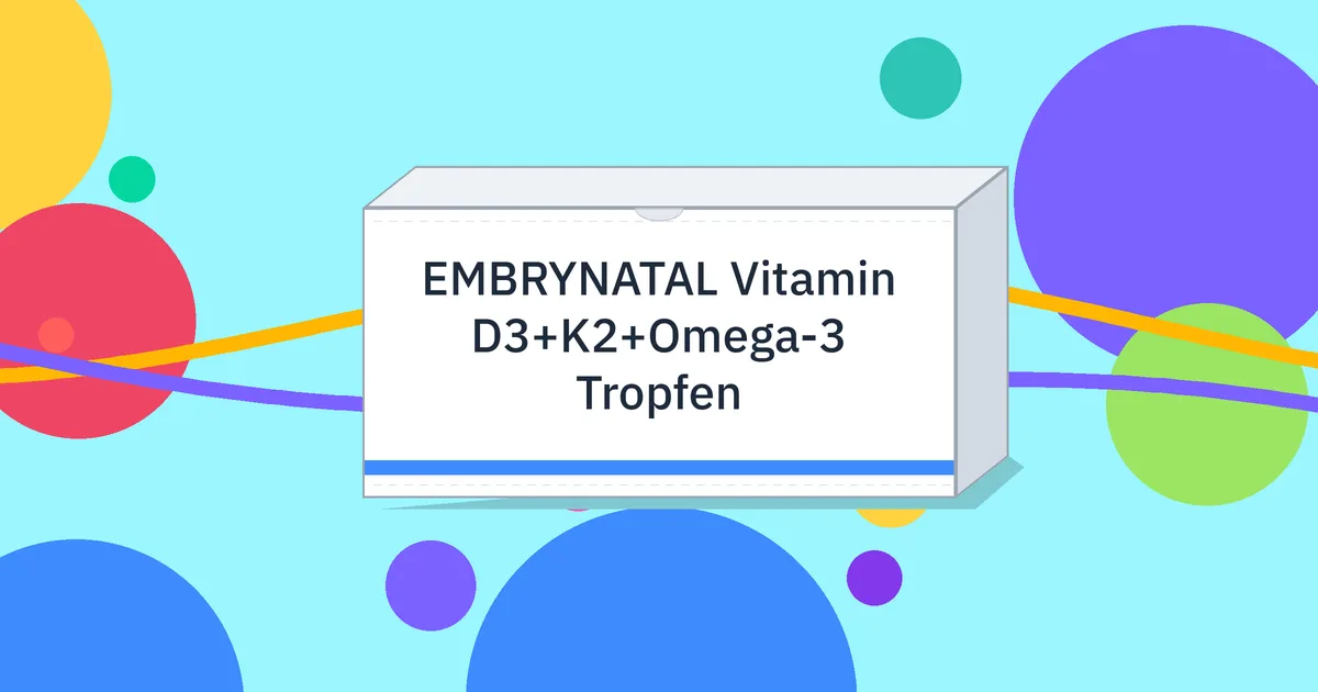 Symbolbild: Packung mit der Aufschrift EMBRYNATAL Vitamin D3+K2+Omega-3 Tropfen (PZN 19413130) – Verfügbarkeit und Bezug in Apotheken in Frankfurt am Main