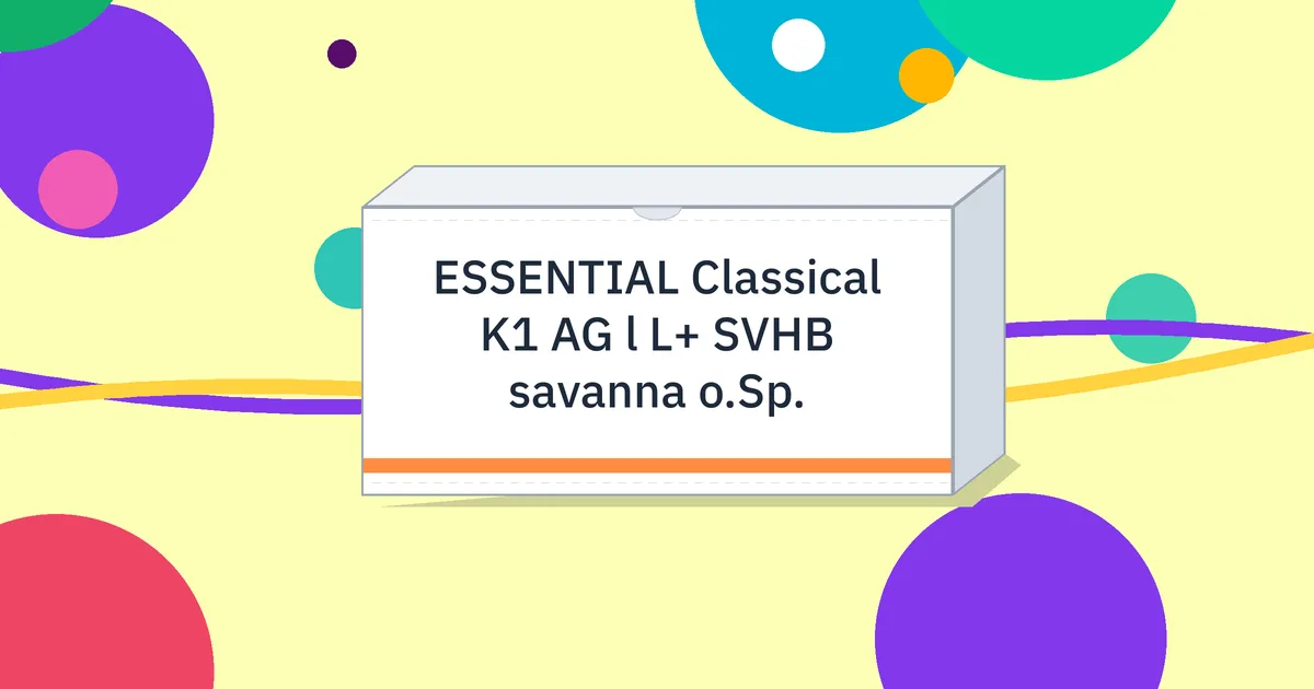 Symbolbild: Packung mit der Aufschrift ESSENTIAL Classical K1 AG l L+ SVHB savanna o.Sp. (PZN 18420458) – Verfügbarkeit und Bezug in Apotheken in Frankfurt am Main