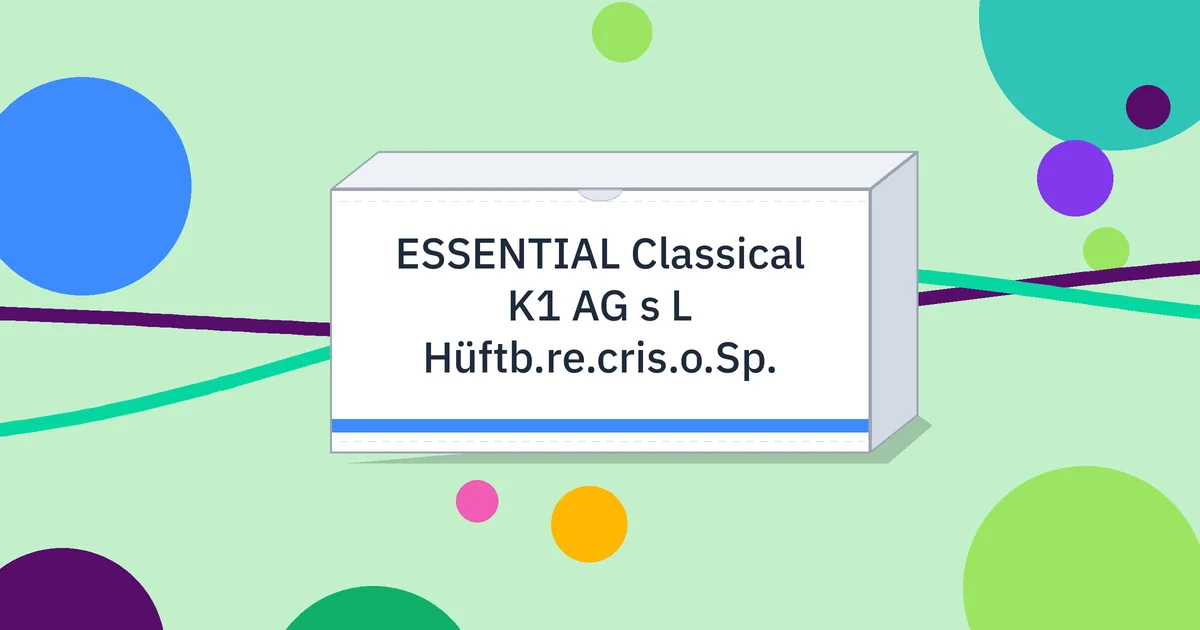 Symbolbild: Packung mit der Aufschrift ESSENTIAL Classical K1 AG s L Hüftb.re.cris.o.Sp. (PZN 17012289) – Verfügbarkeit und Bezug in Apotheken in Frankfurt am Main
