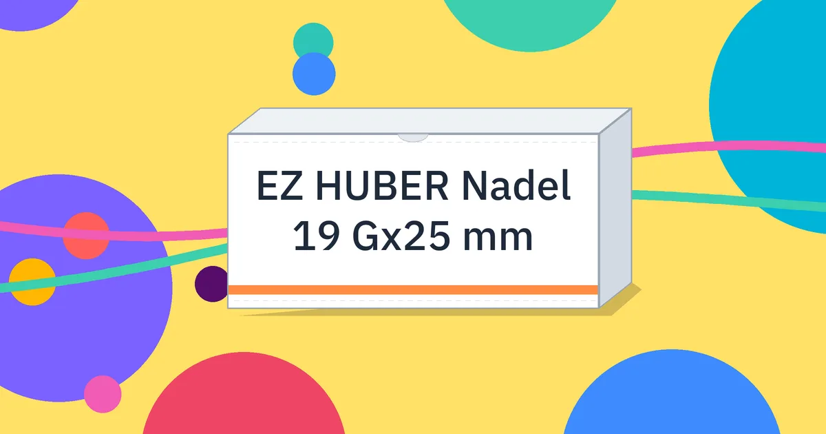 Symbolbild: Packung mit der Aufschrift EZ HUBER Nadel 19 Gx25 mm (PZN 09042655) – Verfügbarkeit und Bezug in Apotheken in Frankfurt am Main