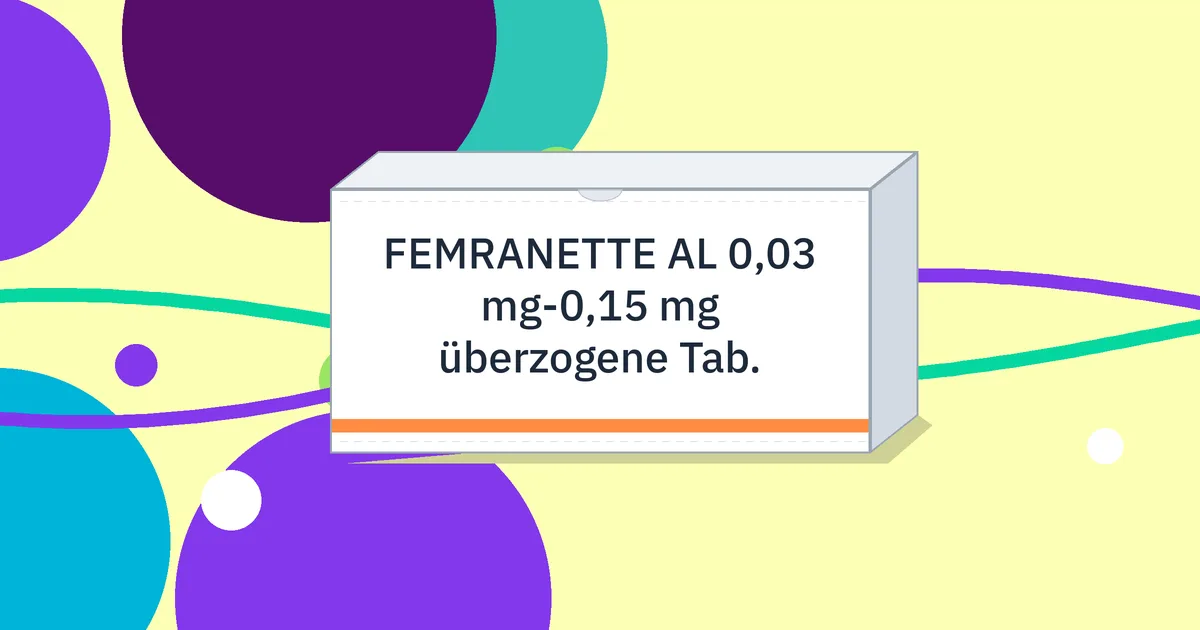 Symbolbild: Packung mit der Aufschrift FEMRANETTE AL 0,03 mg-0,15 mg überzogene Tab. (PZN 09512434) – Verfügbarkeit und Bezug in Apotheken in Frankfurt am Main