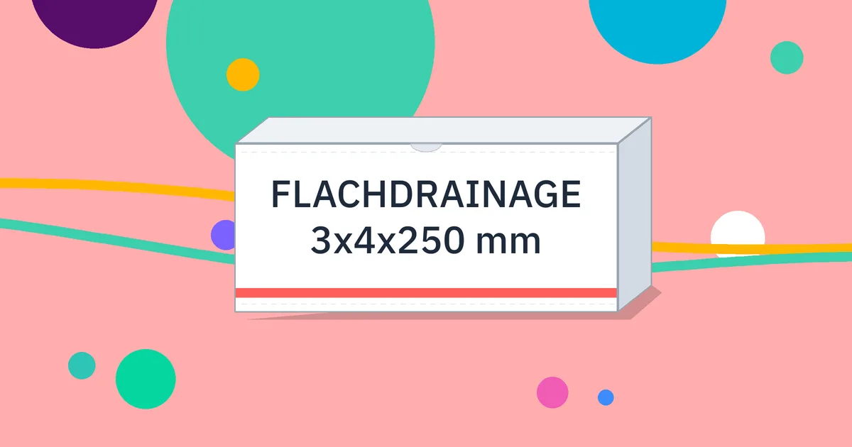 Symbolbild: Packung mit der Aufschrift FLACHDRAINAGE 3x4x250 mm (PZN 18030869) – Verfügbarkeit und Bezug in Apotheken in Frankfurt am Main