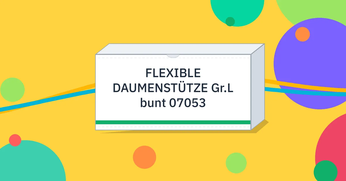 Symbolbild: Packung mit der Aufschrift FLEXIBLE DAUMENSTÜTZE Gr.L bunt 07053 (PZN 08732599) – Verfügbarkeit und Bezug in Apotheken in Frankfurt am Main