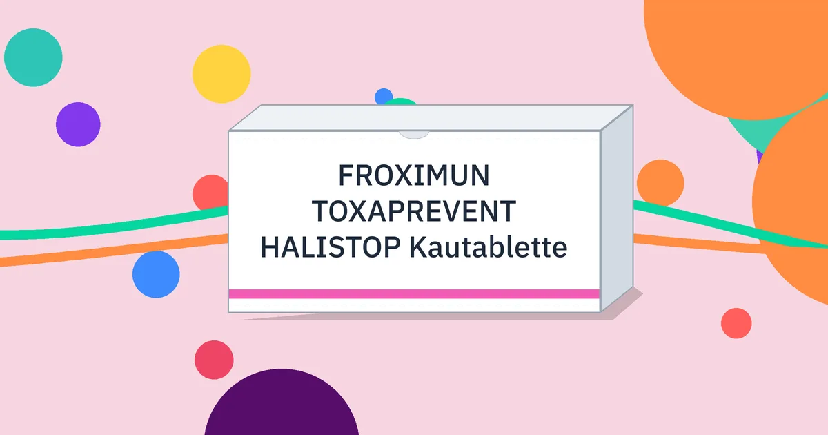 Symbolbild: Packung mit der Aufschrift FROXIMUN TOXAPREVENT HALISTOP Kautablette (PZN 10087261) – Verfügbarkeit und Bezug in Apotheken in Frankfurt am Main