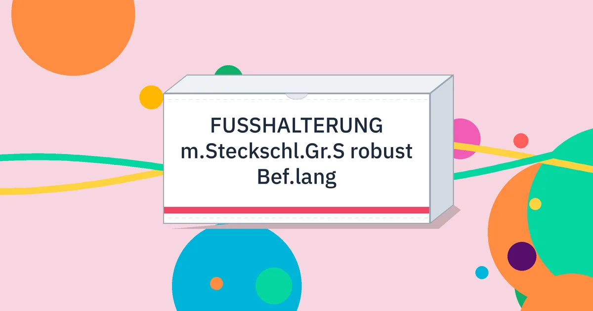 Symbolbild: Packung mit der Aufschrift FUSSHALTERUNG m.Steckschl.Gr.S robust Bef.lang (PZN 11568614) – Verfügbarkeit und Bezug in Apotheken in Frankfurt am Main