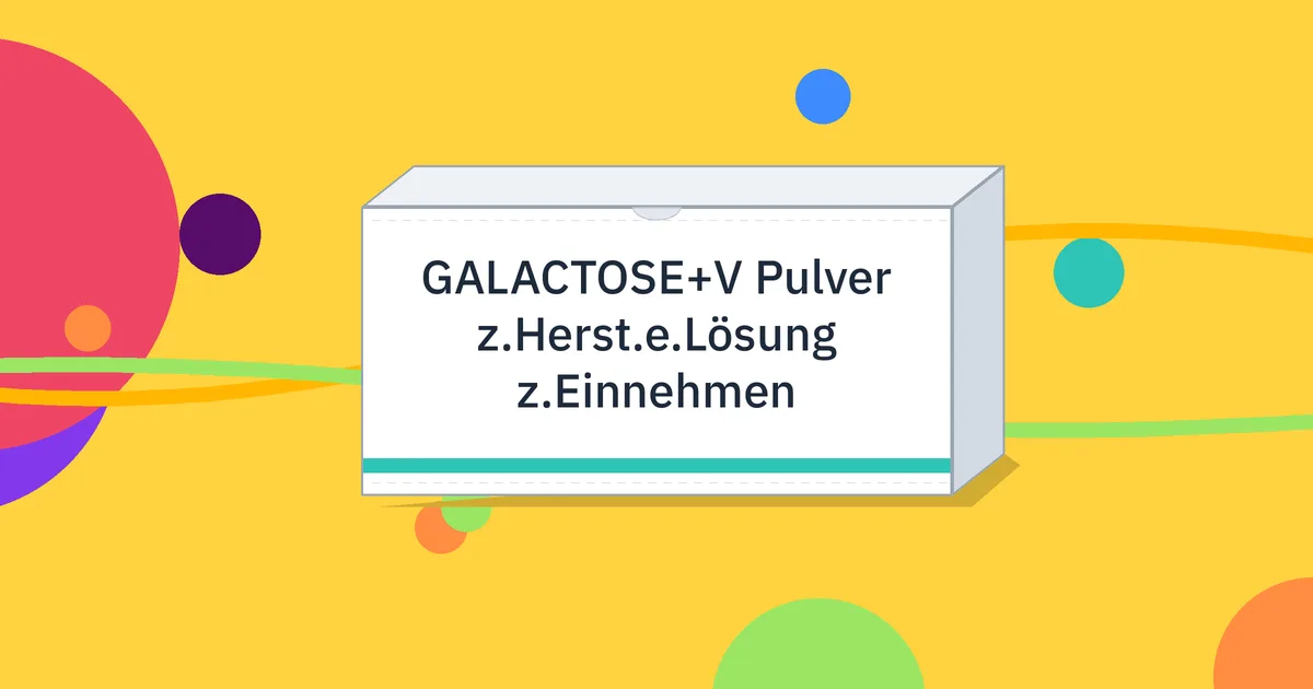 Symbolbild: Packung mit der Aufschrift GALACTOSE+V Pulver z.Herst.e.Lösung z.Einnehmen (PZN 18110189) – Verfügbarkeit und Bezug in Apotheken in Frankfurt am Main