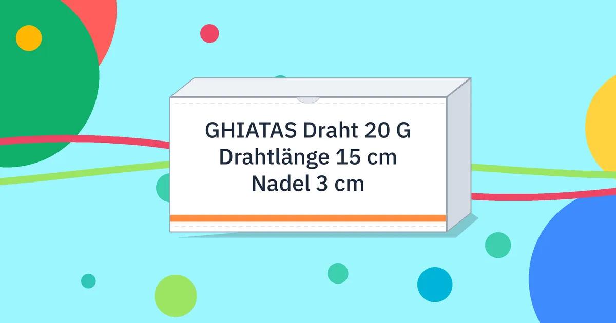 Symbolbild: Packung mit der Aufschrift GHIATAS Draht 20 G Drahtlänge 15 cm Nadel 3 cm (PZN 03566110) – Verfügbarkeit und Bezug in Apotheken in Frankfurt am Main