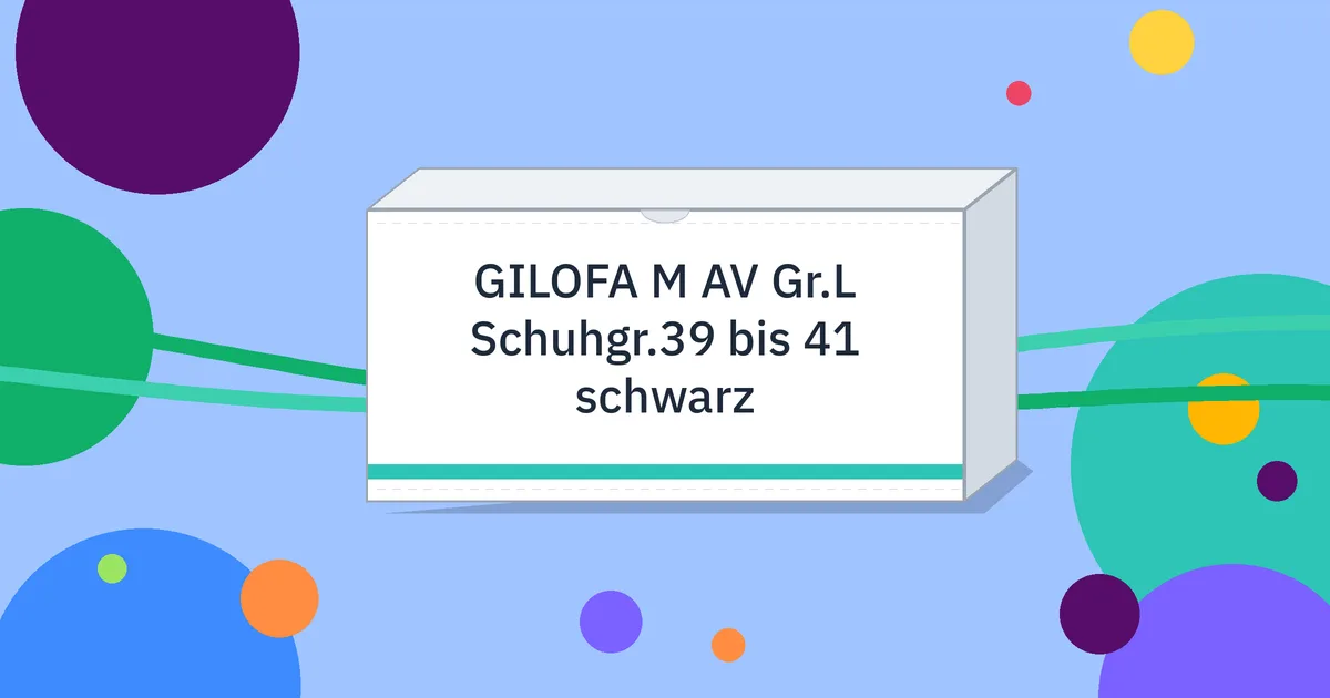 Symbolbild: Packung mit der Aufschrift GILOFA M AV Gr.L Schuhgr.39 bis 41 schwarz (PZN 16726578) – Verfügbarkeit und Bezug in Apotheken in Frankfurt am Main