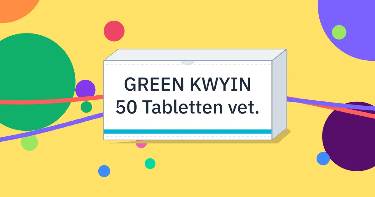 Symbolbild: Packung mit der Aufschrift GREEN KWYIN 50 Tabletten vet. (PZN 00824103) – Verfügbarkeit und Bezug in Apotheken in Frankfurt am Main
