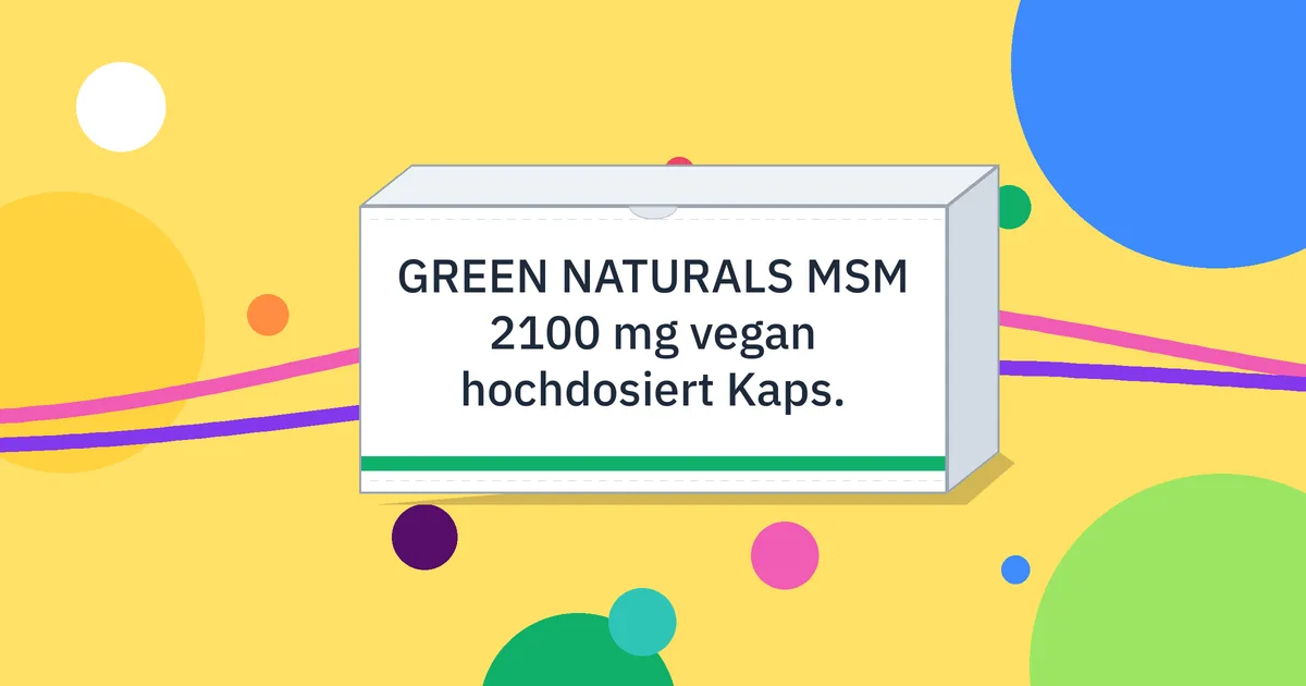 Symbolbild: Packung mit der Aufschrift GREEN NATURALS MSM 2100 mg vegan hochdosiert Kaps. (PZN 19518076) – Verfügbarkeit und Bezug in Apotheken in Frankfurt am Main