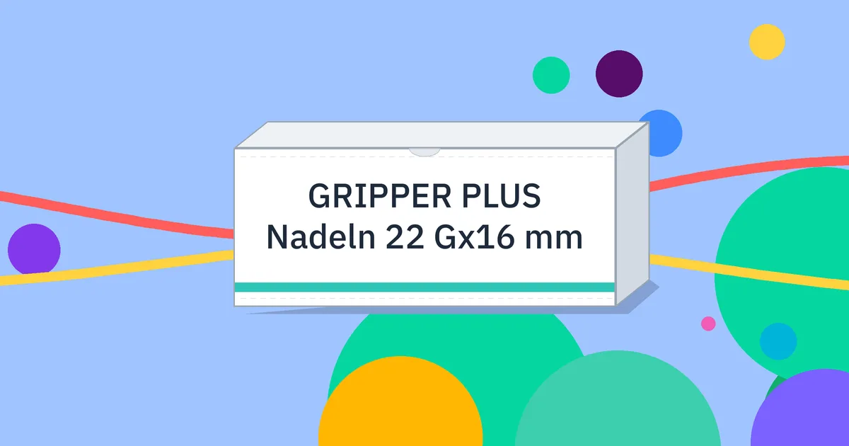 Symbolbild: Packung mit der Aufschrift GRIPPER PLUS Nadeln 22 Gx16 mm (PZN 00435927) – Verfügbarkeit und Bezug in Apotheken in Frankfurt am Main