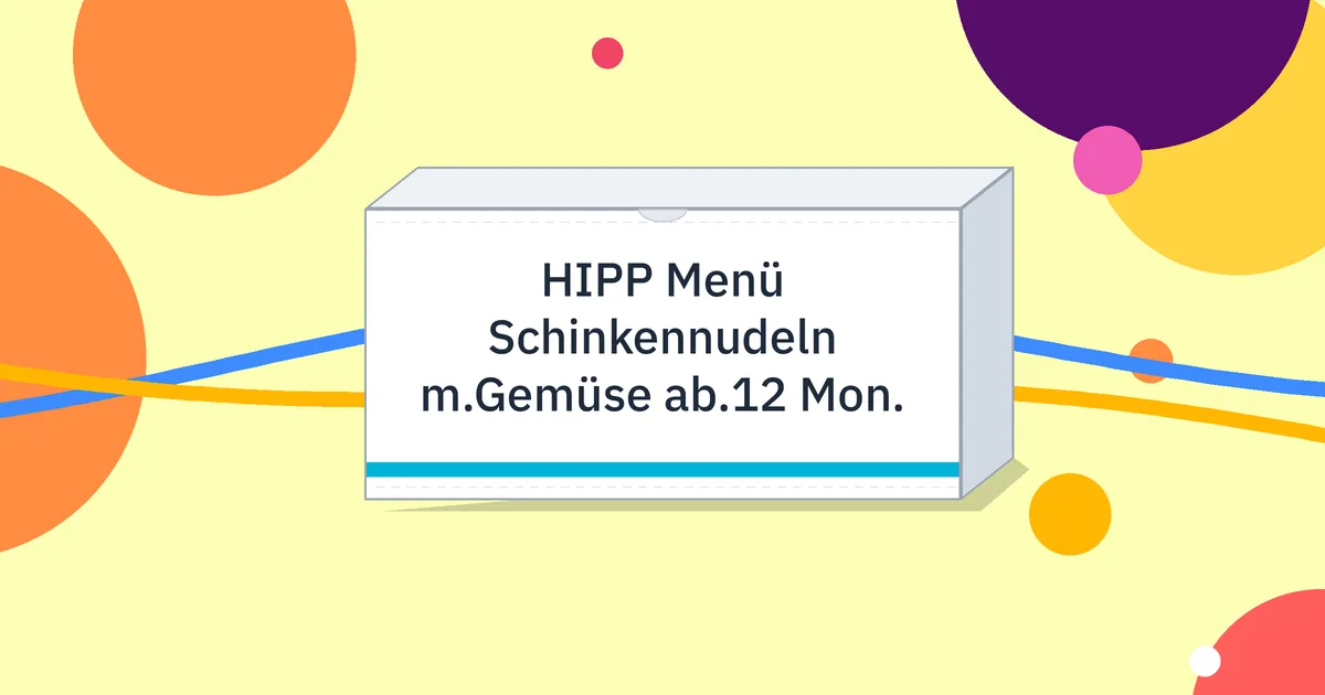 Symbolbild: Packung mit der Aufschrift HIPP Menü Schinkennudeln m.Gemüse ab.12 Mon. (PZN 19383676) – Verfügbarkeit und Bezug in Apotheken in Frankfurt am Main