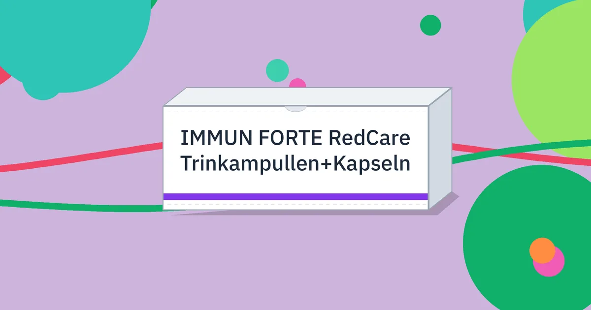 Symbolbild: Packung mit der Aufschrift IMMUN FORTE RedCare Trinkampullen+Kapseln (PZN 16805562) – Verfügbarkeit und Bezug in Apotheken in Frankfurt am Main