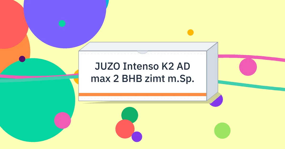 Symbolbild: Packung mit der Aufschrift JUZO Intenso K2 AD max 2 BHB zimt m.Sp. (PZN 18616173) – Verfügbarkeit und Bezug in Apotheken in Frankfurt am Main