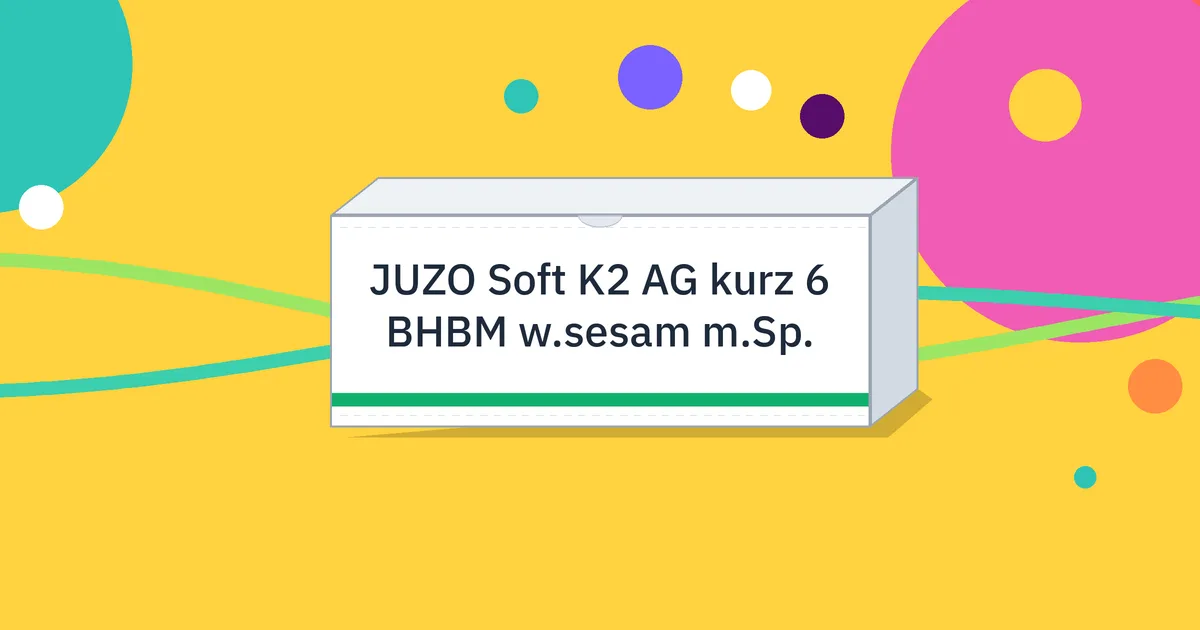 Symbolbild: Packung mit der Aufschrift JUZO Soft K2 AG kurz 6 BHBM w.sesam m.Sp. (PZN 14867493) – Verfügbarkeit und Bezug in Apotheken in Frankfurt am Main