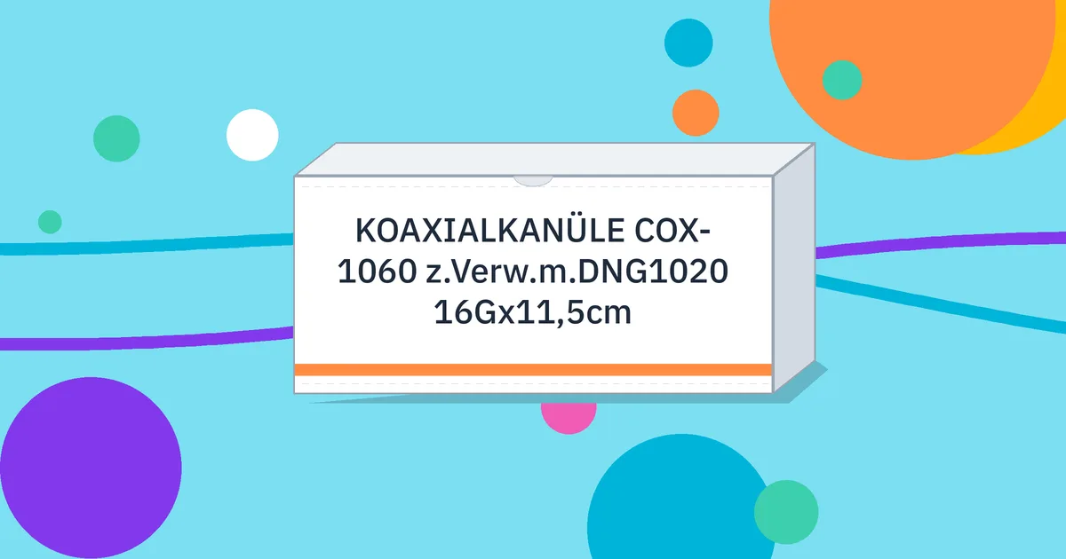 Symbolbild: Packung mit der Aufschrift KOAXIALKANÜLE COX-1060 z.Verw.m.DNG1020 16Gx11,5cm (PZN 00284517) – Verfügbarkeit und Bezug in Apotheken in Frankfurt am Main