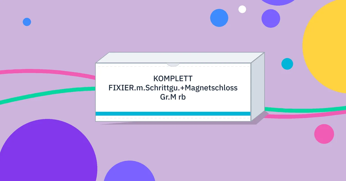 Symbolbild: Packung mit der Aufschrift KOMPLETT FIXIER.m.Schrittgu.+Magnetschloss Gr.M rb (PZN 11573093) – Verfügbarkeit und Bezug in Apotheken in Frankfurt am Main