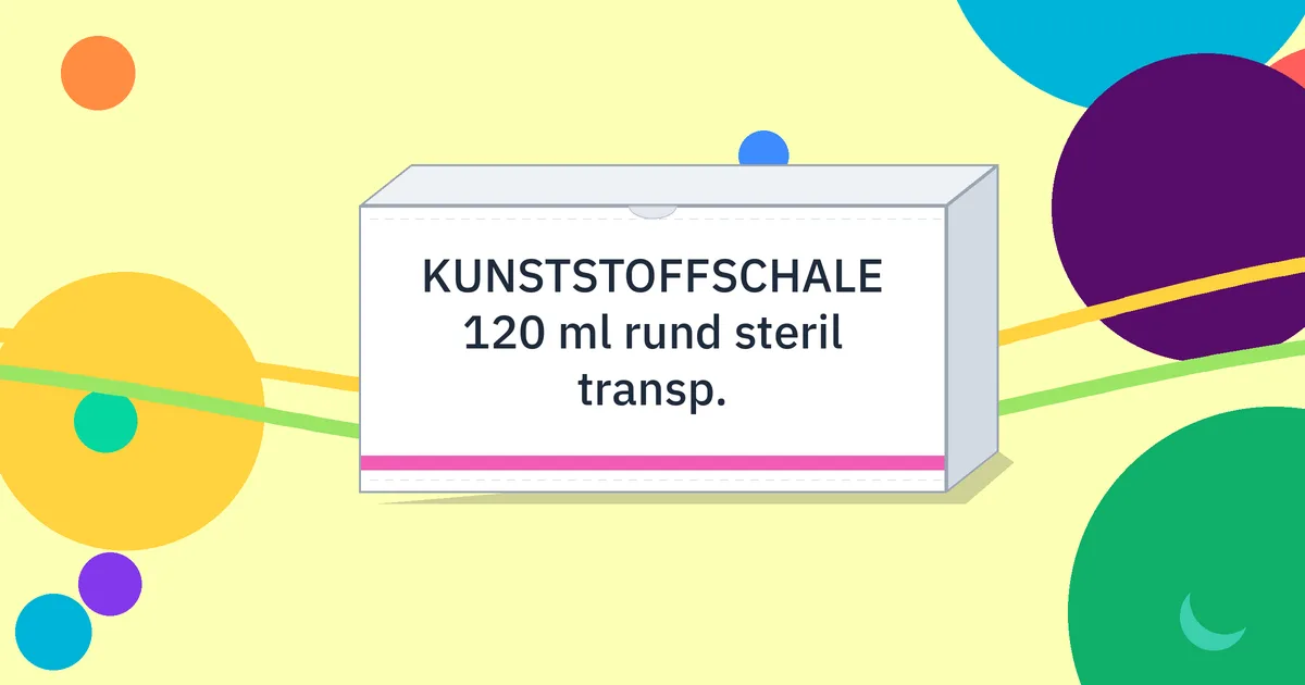 Symbolbild: Packung mit der Aufschrift KUNSTSTOFFSCHALE 120 ml rund steril transp. (PZN 19230257) – Verfügbarkeit und Bezug in Apotheken in Frankfurt am Main