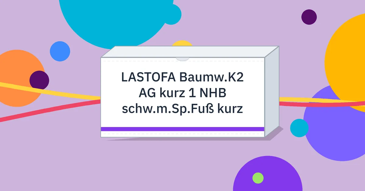 Symbolbild: Packung mit der Aufschrift LASTOFA Baumw.K2 AG kurz 1 NHB schw.m.Sp.Fuß kurz (PZN 01948020) – Verfügbarkeit und Bezug in Apotheken in Frankfurt am Main