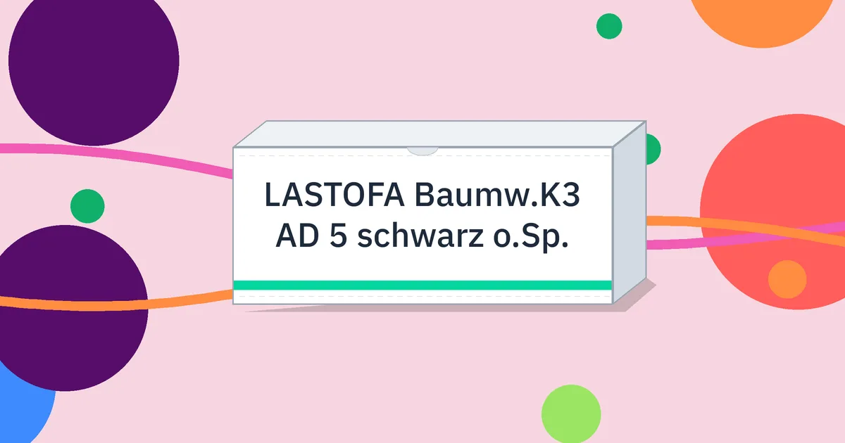 Symbolbild: Packung mit der Aufschrift LASTOFA Baumw.K3 AD 5 schwarz o.Sp. (PZN 01952990) – Verfügbarkeit und Bezug in Apotheken in Frankfurt am Main