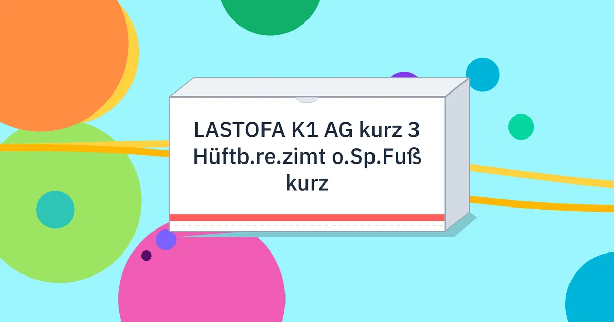 Symbolbild: Packung mit der Aufschrift LASTOFA K1 AG kurz 3 Hüftb.re.zimt o.Sp.Fuß kurz (PZN 13798040) – Verfügbarkeit und Bezug in Apotheken in Frankfurt am Main