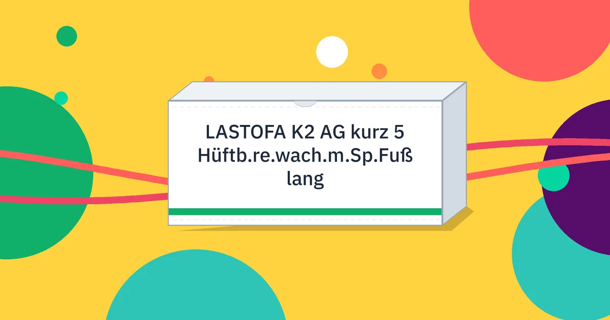 Symbolbild: Packung mit der Aufschrift LASTOFA K2 AG kurz 5 Hüftb.re.wach.m.Sp.Fuß lang (PZN 13811970) – Verfügbarkeit und Bezug in Apotheken in Frankfurt am Main