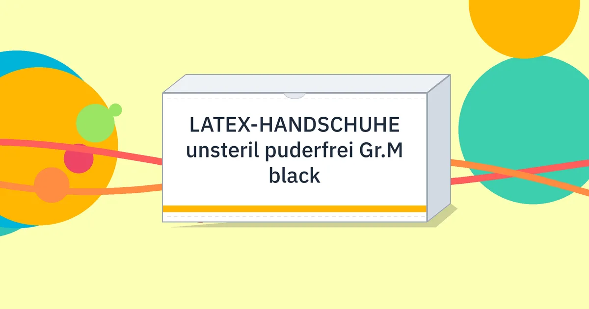 Symbolbild: Packung mit der Aufschrift LATEX-HANDSCHUHE unsteril puderfrei Gr.M black (PZN 01289126) – Verfügbarkeit und Bezug in Apotheken in Frankfurt am Main