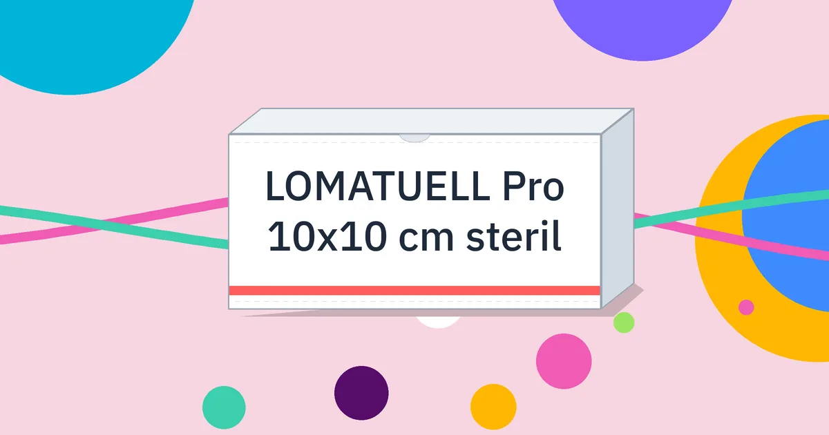 Symbolbild: Packung mit der Aufschrift LOMATUELL Pro 10x10 cm steril (PZN 17514430) – Verfügbarkeit und Bezug in Apotheken in Frankfurt am Main